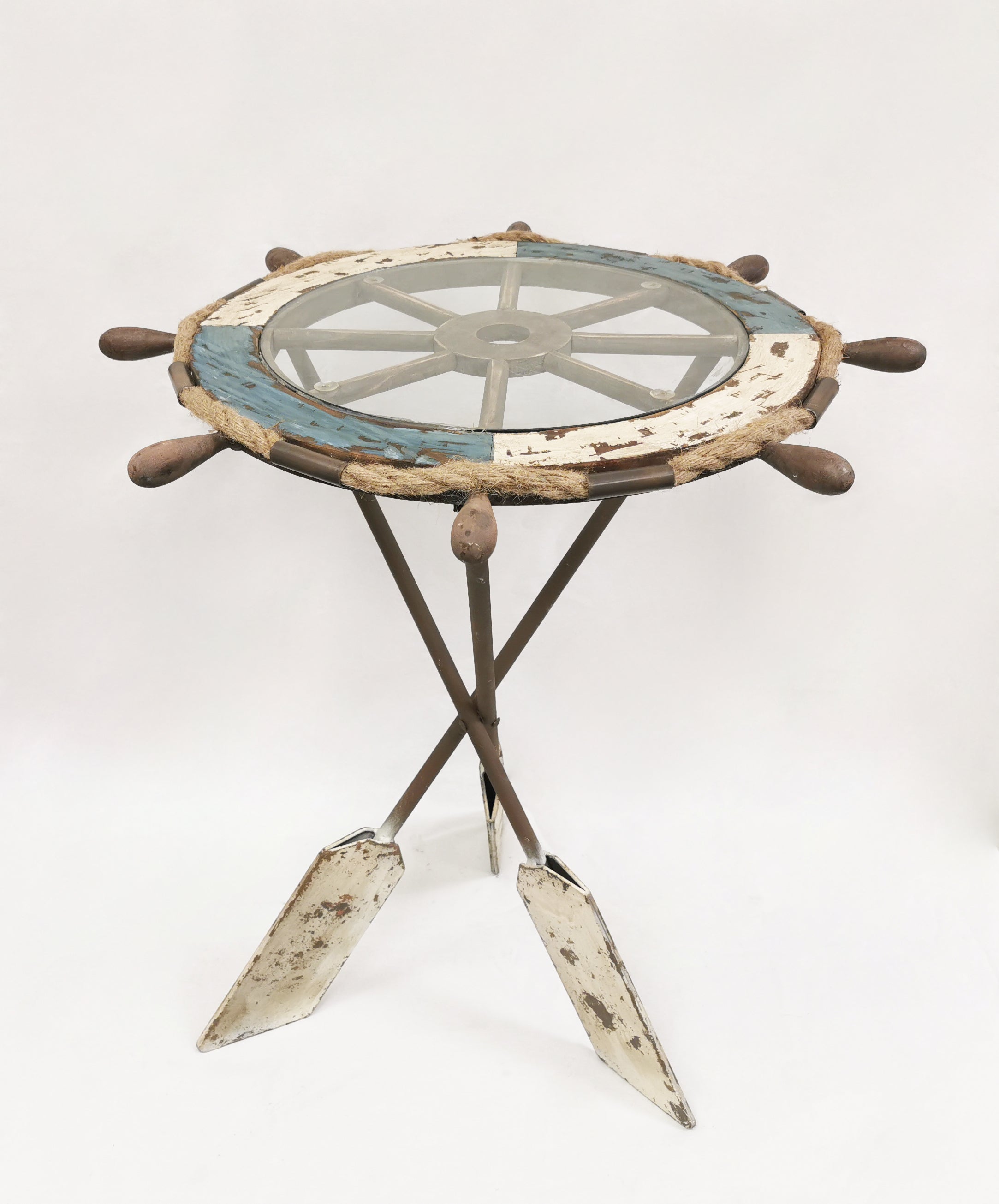 Wheel Table made of Wood, Glass & Metal Paddle Legs - Coastal Decor Co ...